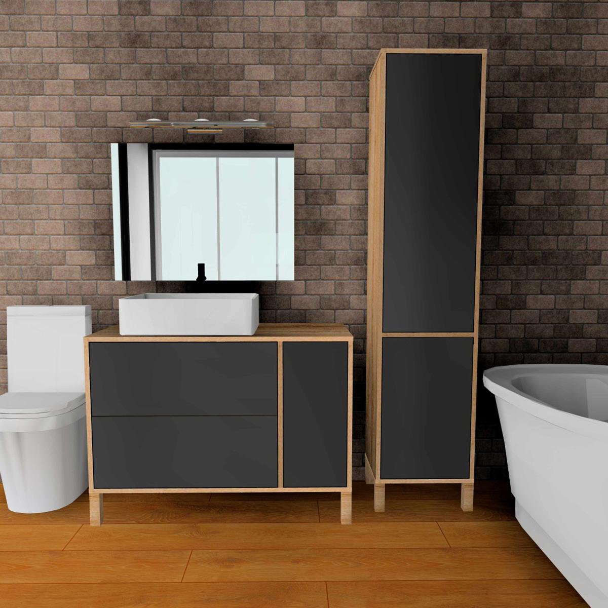 Zestaw 2 szt mebli łazienkowych czarne matowe z wstawkami dąb wotan ...
